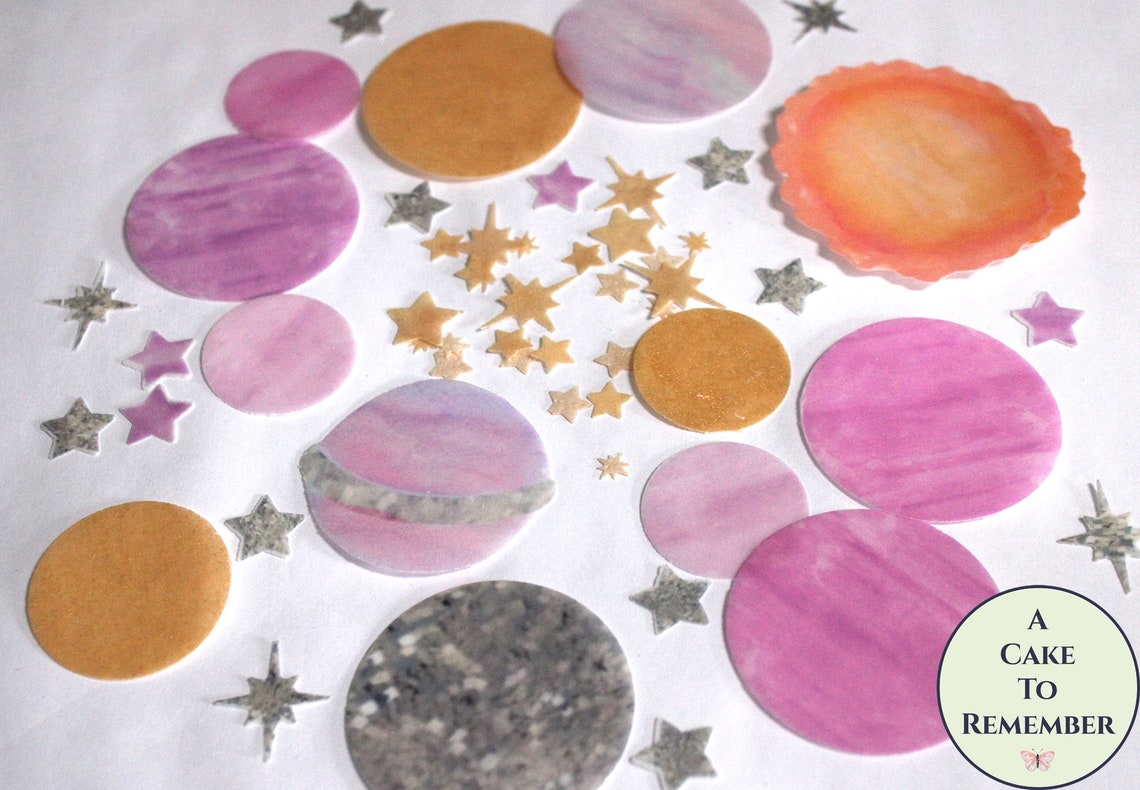 Precut Edible Pink and Gold Planets Sun and Stars for First | Etsy