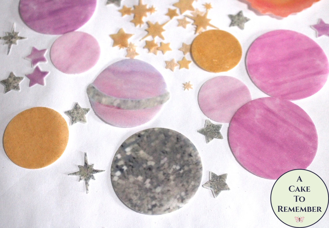 Precut Edible Pink and Gold Planets Sun and Stars for First | Etsy