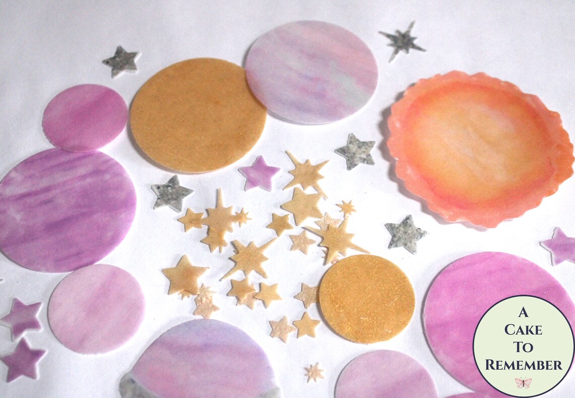 Precut Edible Pink and Gold Planets Sun and Stars for First | Etsy