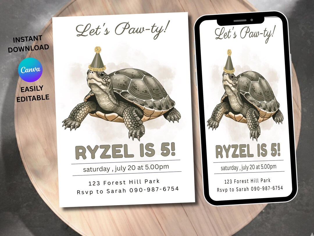 Turtle Birthday Party Invitation, Animal Printable (canva Template) - Etsy