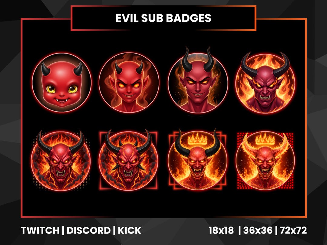 Evil Demon Twitch Sub Badges | Fiery Devil Loyalty Badges for Streamers ...