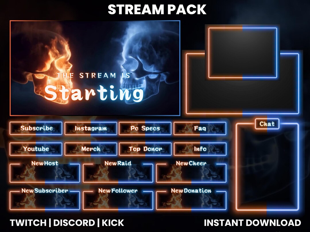 Fire and Ice Twitch Overlay Pack | Neon Skull Stream Package With ...
