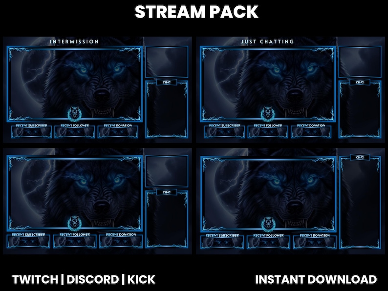 Wolf Stream Overlay Pack | Blue Neon Twitch Screens, Panels, Alerts and ...