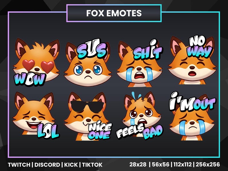 Fox Emotes 16x for Twitch, Discord, Kick & Tiktok | Cute Fox Streamer ...