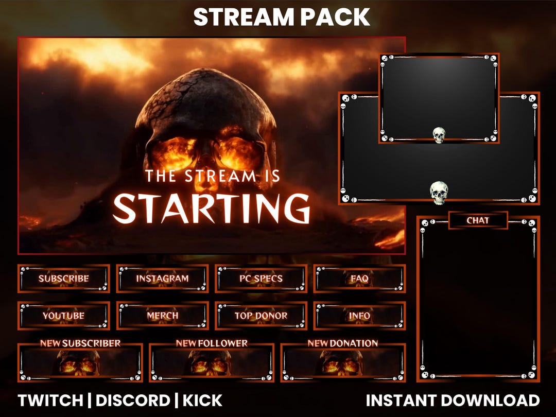 Dark Skull Animated Stream Overlay Pack for Twitch OBS Streamlabs Kick ...
