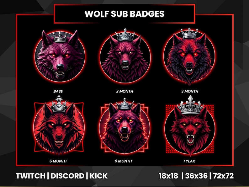 Wolf Sub Badges for Twitch Kick Discord | Ferocious Wolf Stream Badges ...