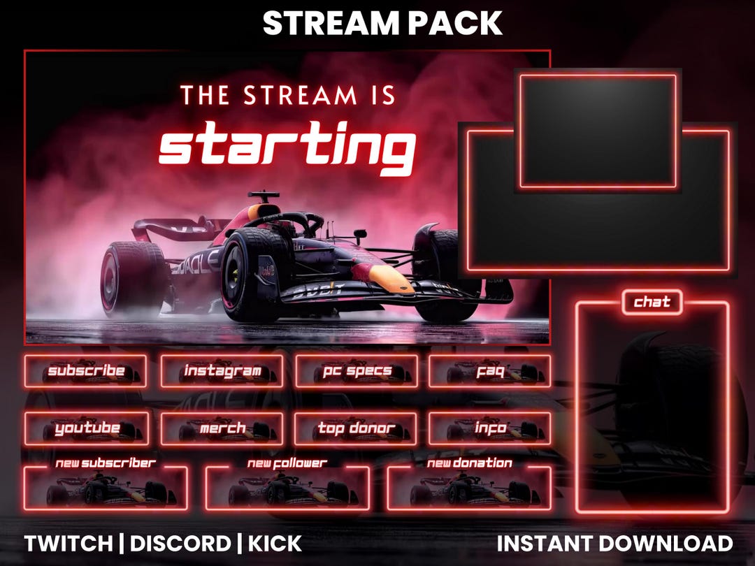 Red Neon Racing Stream Pack Overlay | Twitch OBS Streamlabs Esports ...