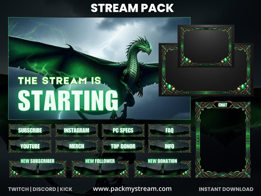 Dragon Stream Overlay Pack | Green Fantasy Twitch Overlay | RPG Gaming ...