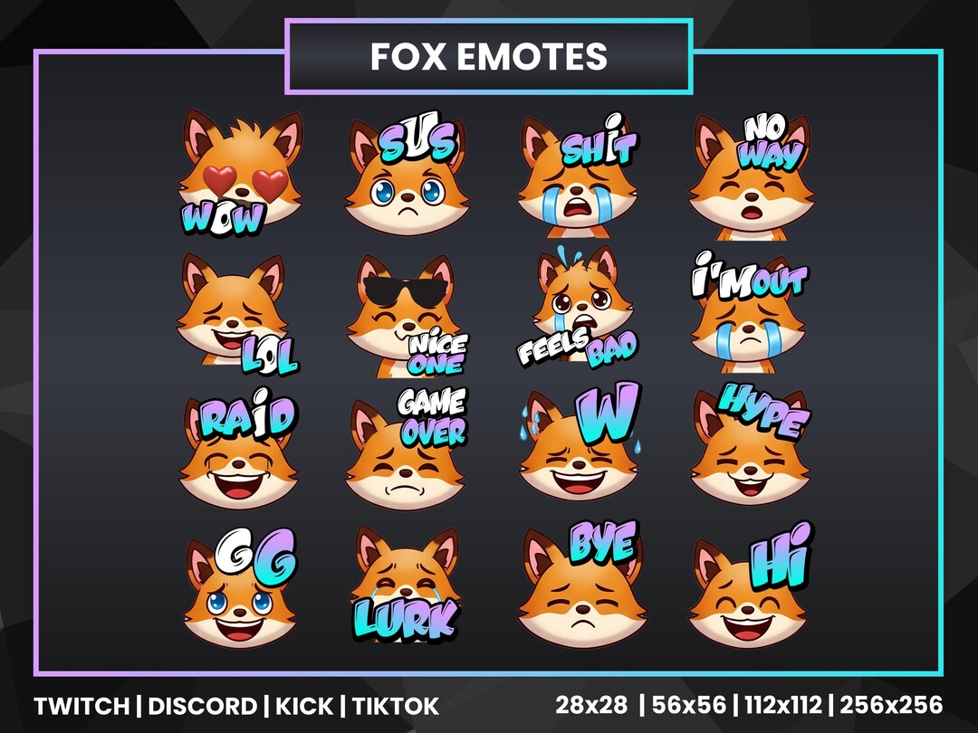 Fox Emotes 16x for Twitch, Discord, Kick & Tiktok | Cute Fox Streamer ...