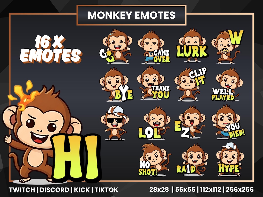 Monkey Emotes 16x for Twitch, Discord, Kick & Tiktok | Funny Monkey ...