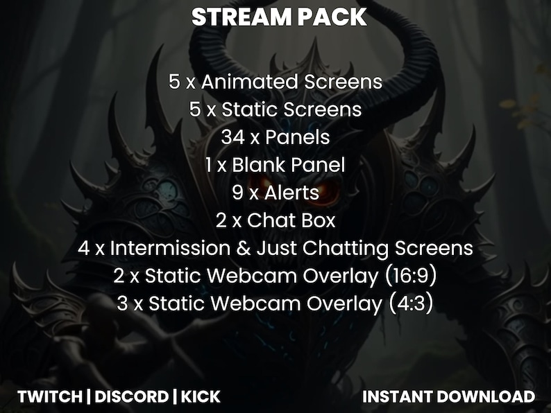 Dark Demon Stream Overlay Pack | Fantasy Warrior Twitch Screens, Panels ...