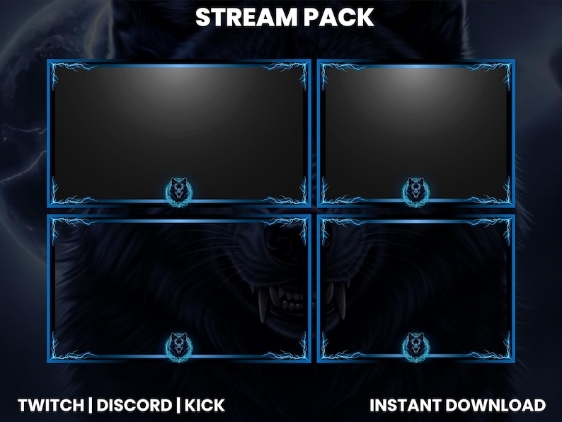Wolf Stream Overlay Pack | Blue Neon Twitch Screens, Panels, Alerts and ...
