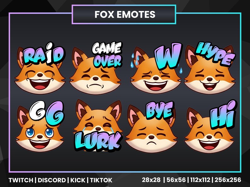 Fox Emotes 16x for Twitch, Discord, Kick & Tiktok | Cute Fox Streamer ...