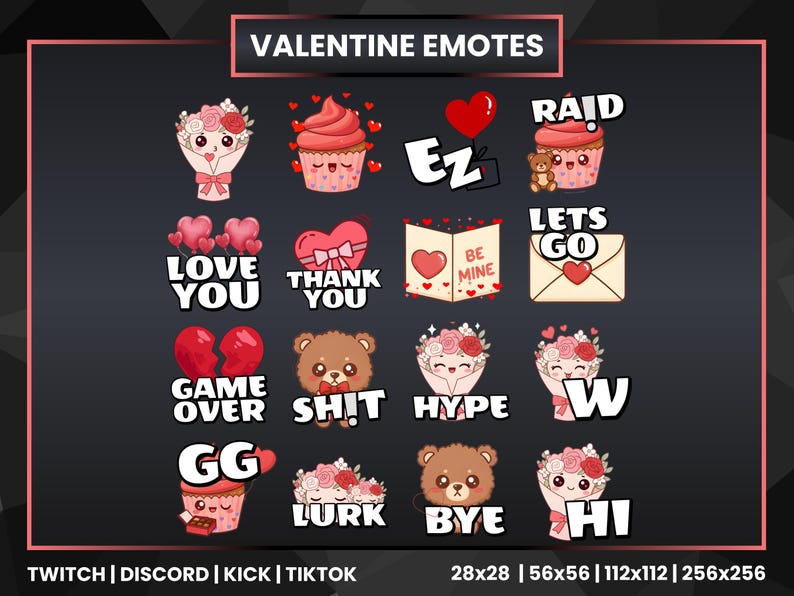 Valentine Emotes for Twitch Discord Kick Tiktok | 16x Valentine Twitch ...