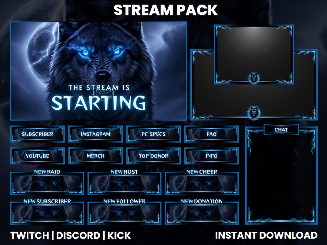 Wolf Stream Overlay Pack | Blue Neon Twitch Screens, Panels, Alerts and ...
