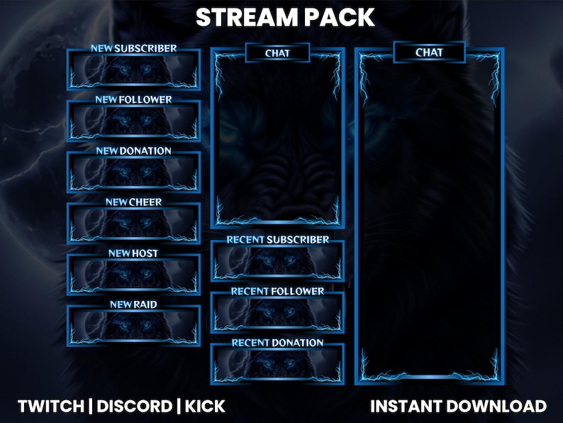 Wolf Stream Overlay Pack | Blue Neon Twitch Screens, Panels, Alerts and ...