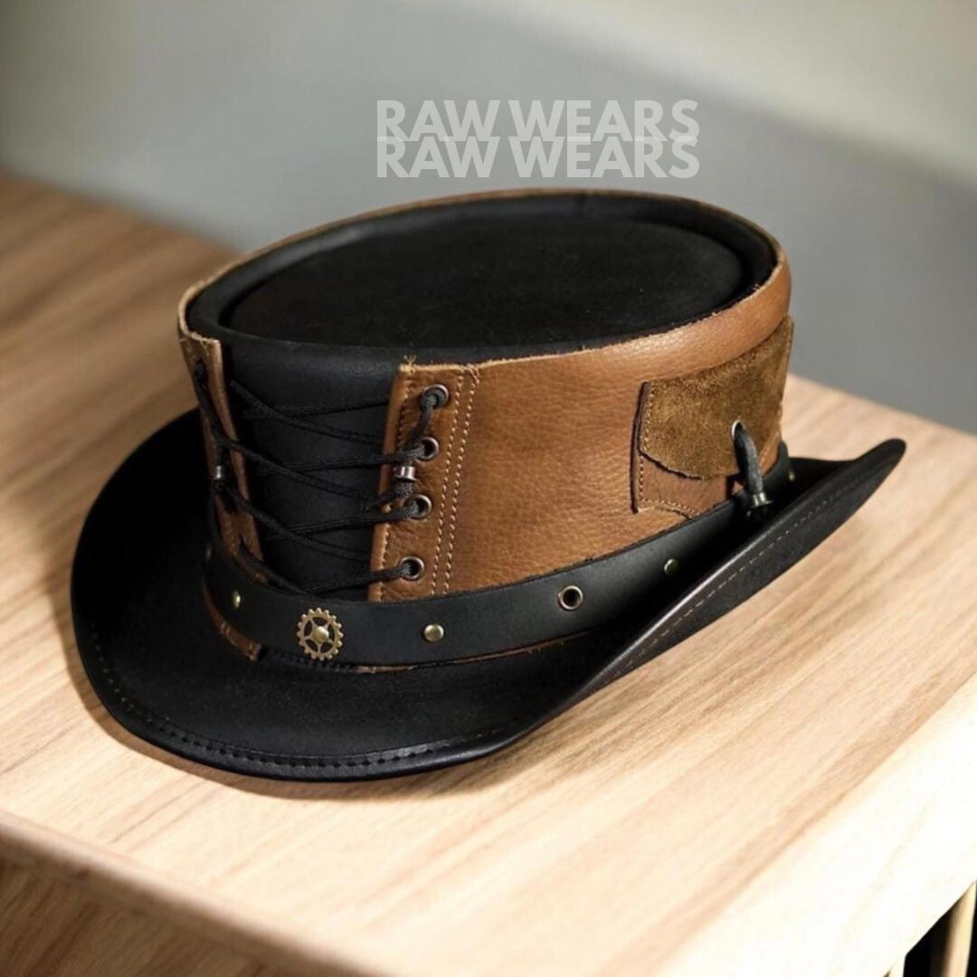 Steampunk Leather Top Hat - Black & Brown Bi-color Lace-up Cylinder Cap ...