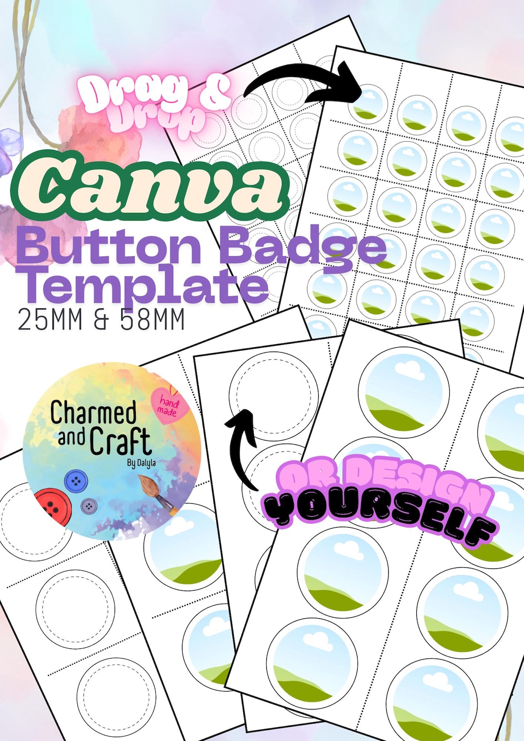 Editable Button Badge Template: 58mm & 25mm Canva Mockup (digital ...