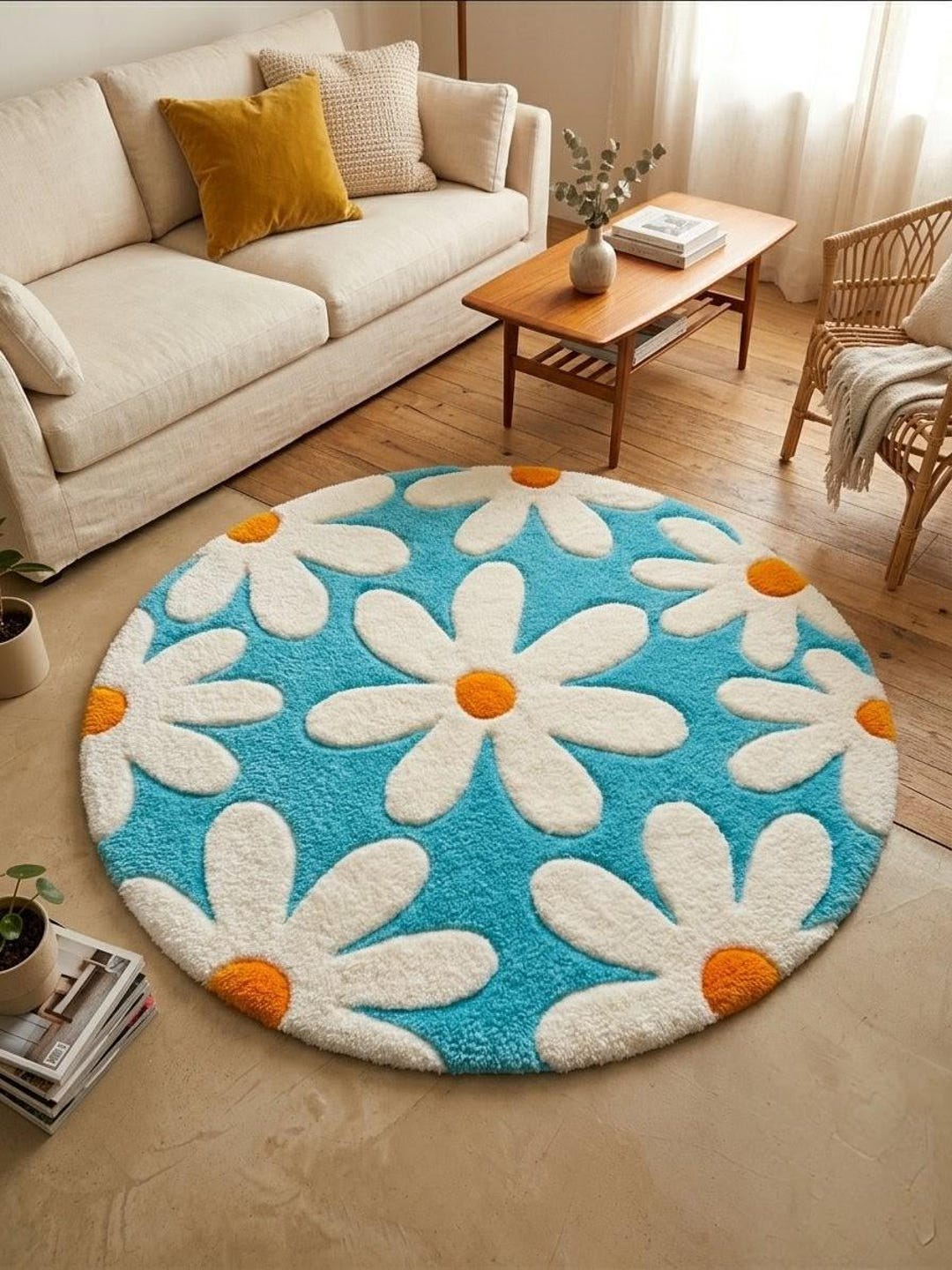 Retro Daisy Round Rug – Hand Tufted Wool Floral Carpet for Living Room ...