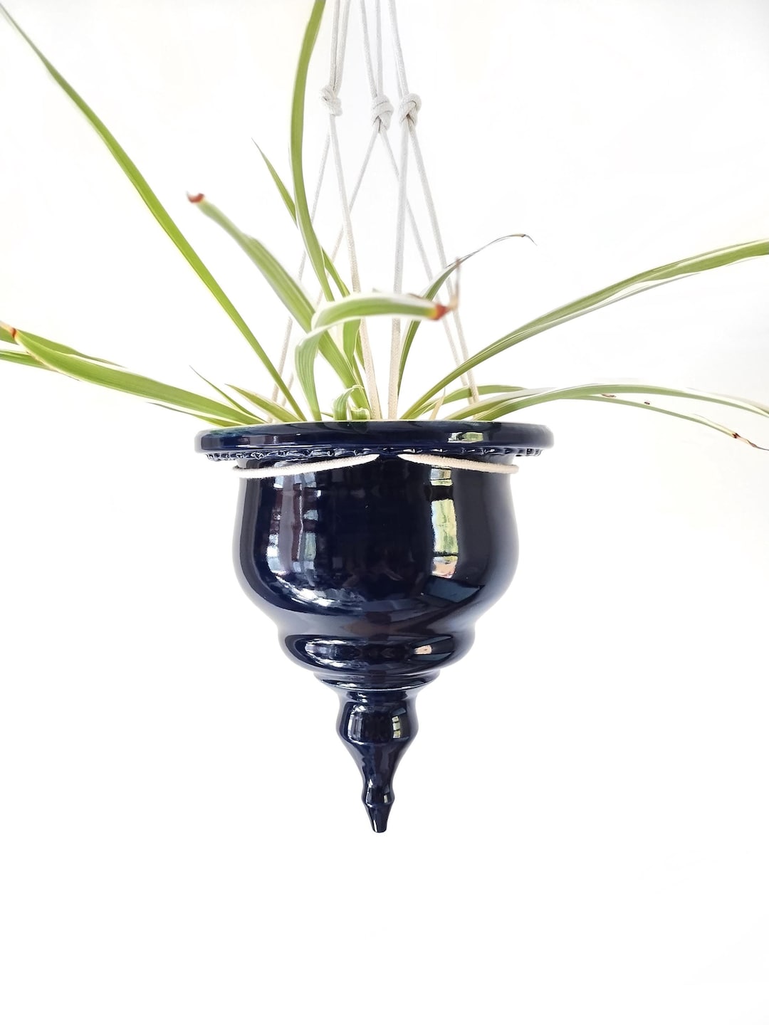 Fluted Dark Navy Blue Ceramic Hanging Planter - Etsy