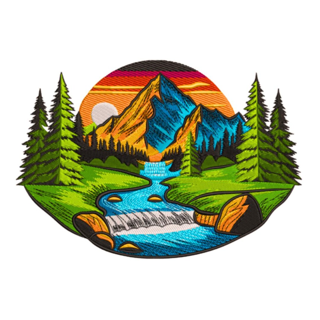 Mountain Scene Embroidery Design, Colorful Landscape Machine Embroidery ...