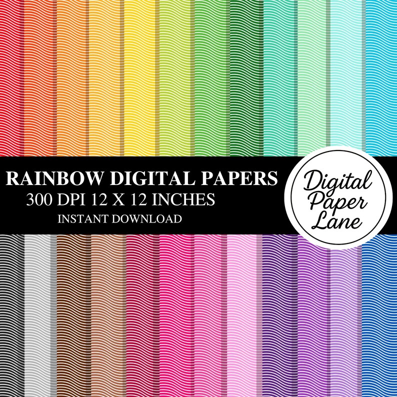Rainbow Wavy Lines Digital Paper Pack - 24 Seamless Wave Pattern Papers ...