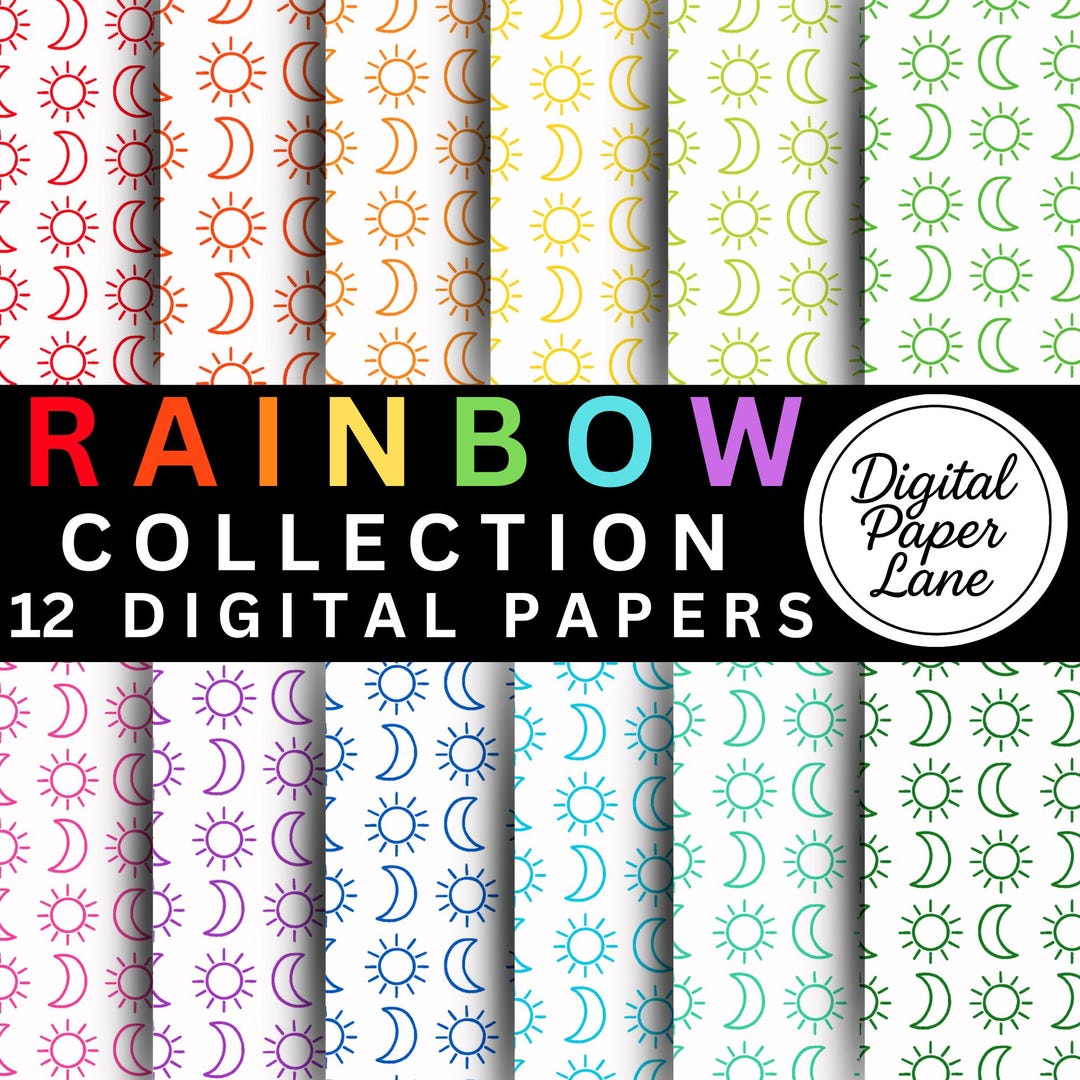 Rainbow Sun and Moon Digital Paper – 12 Seamless Bright Digital Papers ...