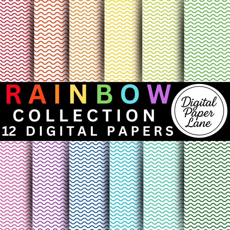 Rainbow Wave Line Digital Paper – 12 Seamless Bright Digital Papers ...