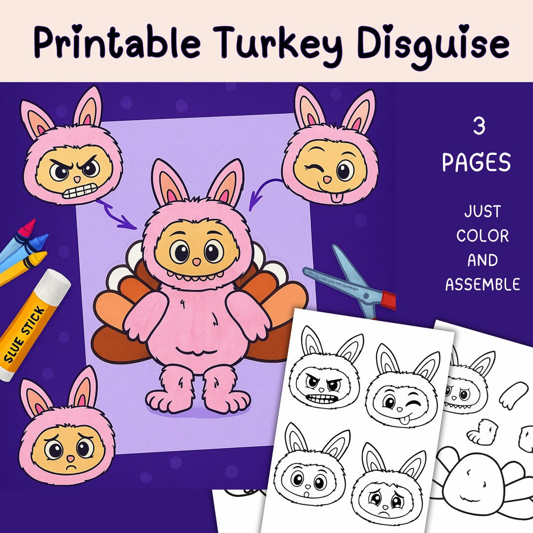 Printable Turkey Disguise Craft Kit, Cute Monster Labubu Style Costume ...