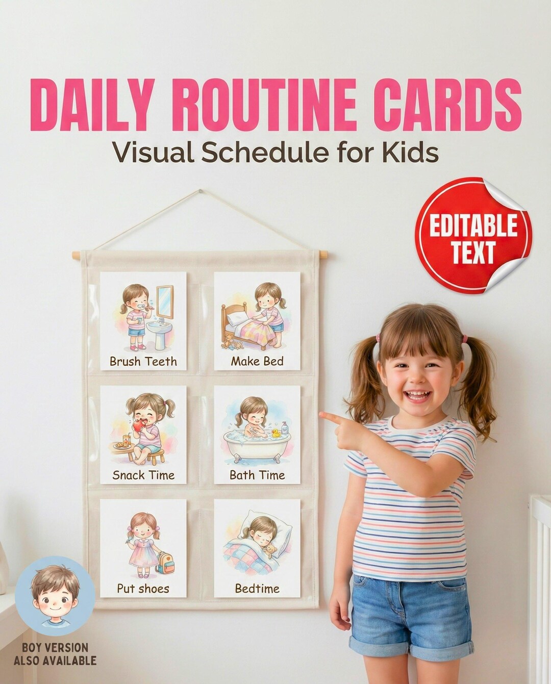 Editable Girls Daily Routine Cards ,watercolor Visual Schedule for Kids ...