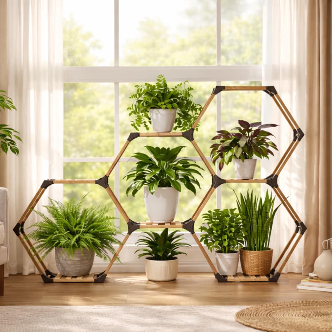 Hexagonal Plant Stand Indoor -7 Tier Wooden Plant Shelf | Large Indoor ...