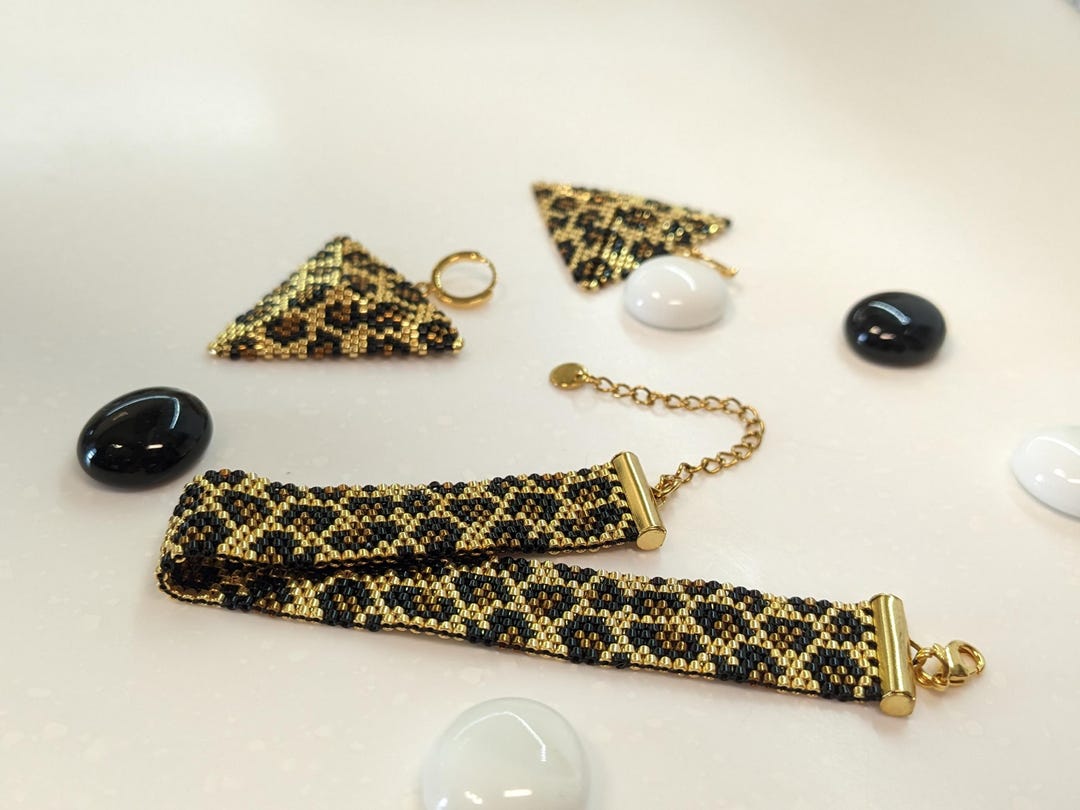 Leopard Print Miyuki Seed Bead Jewelry Set: Gold Triangle Earrings and ...