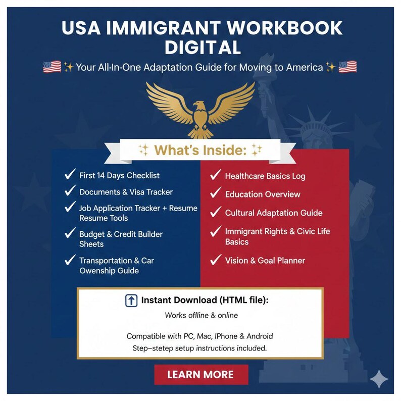 Moving to USA Relocation Guide & Checklist, Newcomer Workbook, Immigrant Adaptation Planner, US ...
