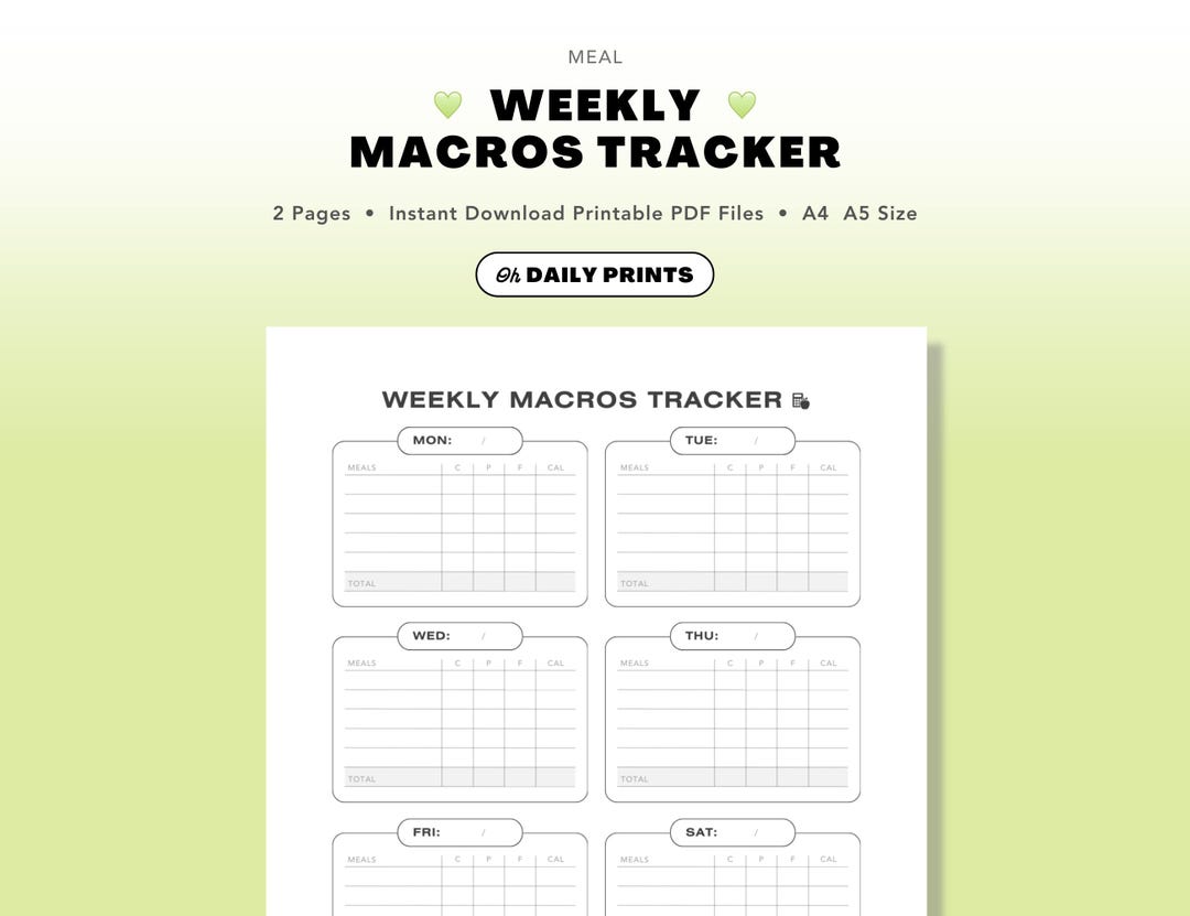 Weekly Macros Tracker: Simple Meal Carbs, Protein, Fat & Calorie Log ...