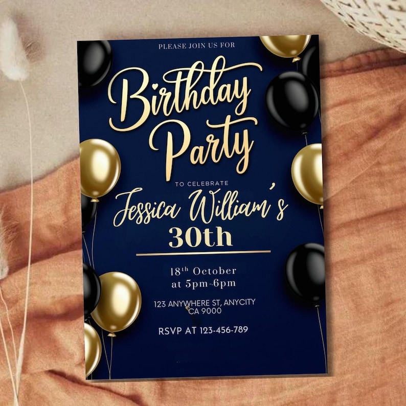 Editable Blue and Gold Birthday Invitation for Man – Printable Navy ...