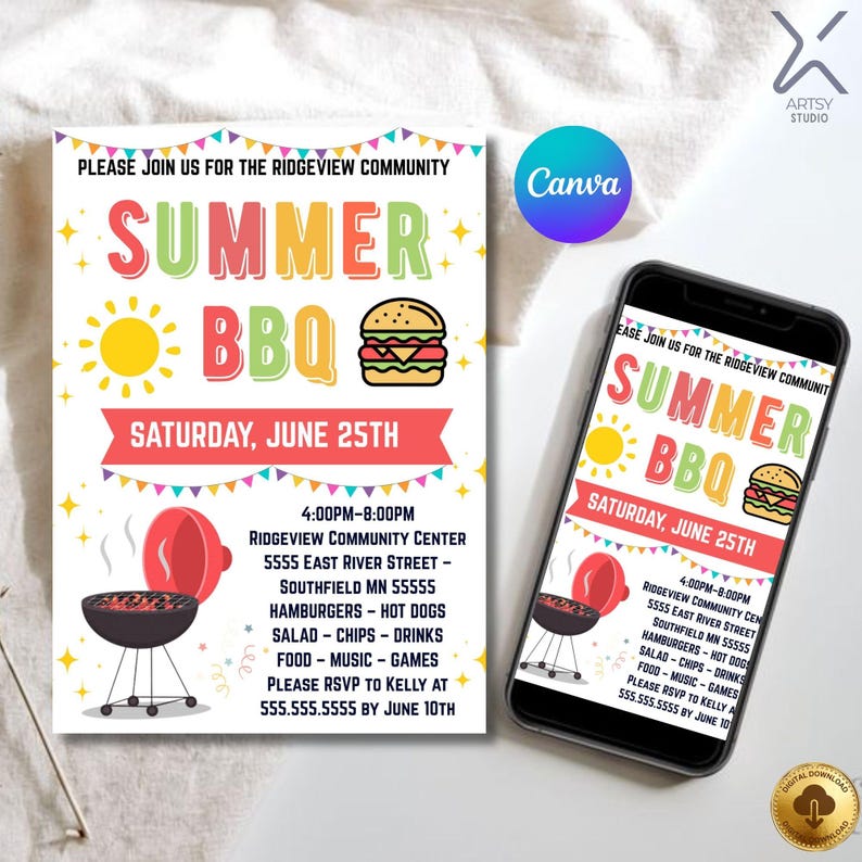 Editable Summer BBQ Invitation Template, Cookout Party Flyer (canva) - Etsy