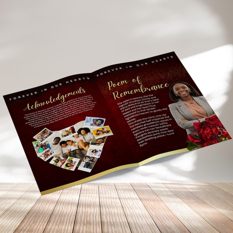 Maroon Funeral Program Template, Gold Rose Obituary, Celebration of ...
