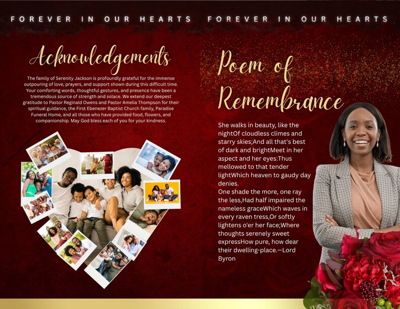 Maroon Funeral Program Template, Gold Rose Obituary, Celebration of ...