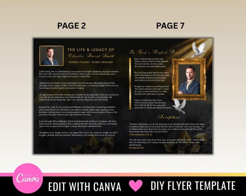 Black and Gold Funeral Program 8 Pages Template, Editable in Loving ...