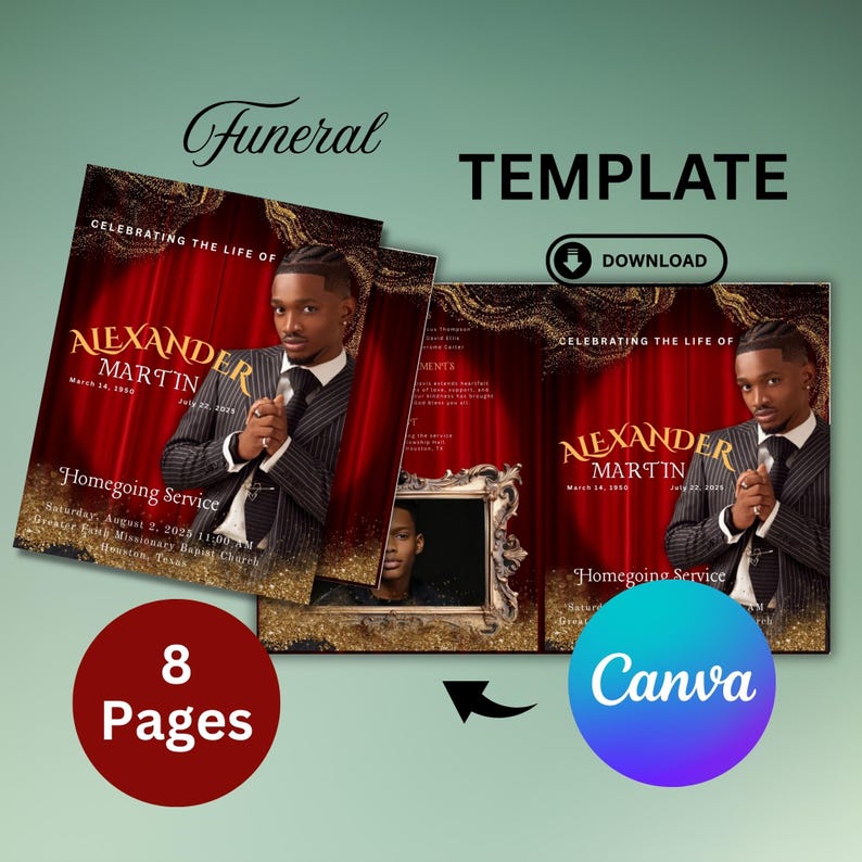 Red Diamond Funeral Program Template, Elegant Memorial (canva Editable ...