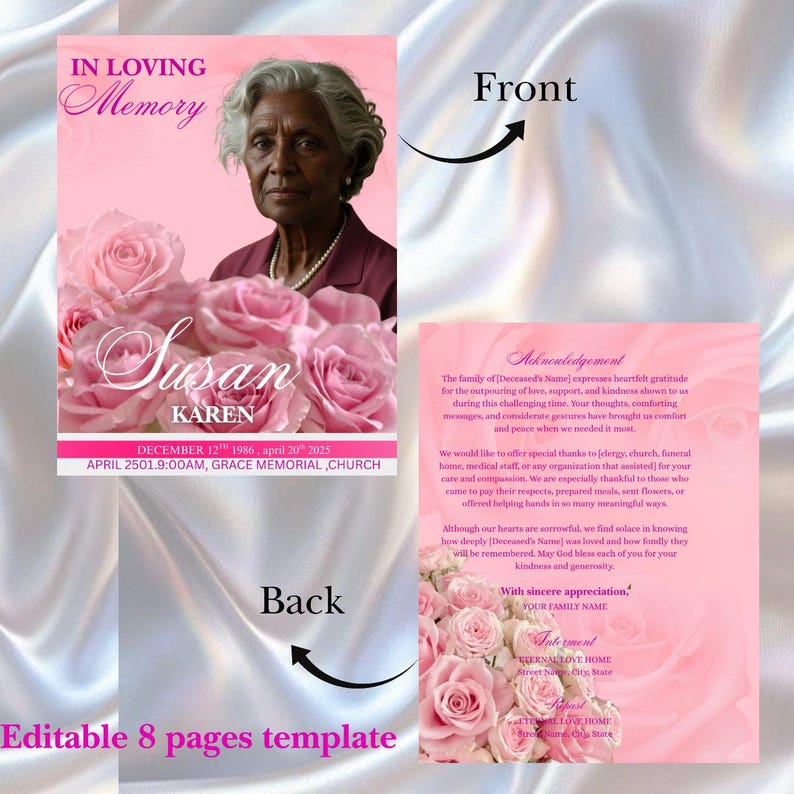 Pink Roses Funeral Program Template, Elegant Gold Obituary (digital ...