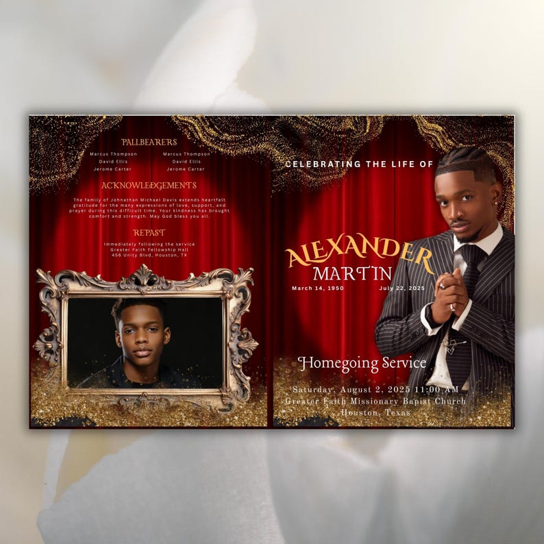 Red Diamond Funeral Program Template, Elegant Memorial (canva Editable ...