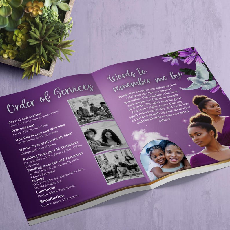 Purple Floral Funeral Program, Memorial Service Booklet (digital ...