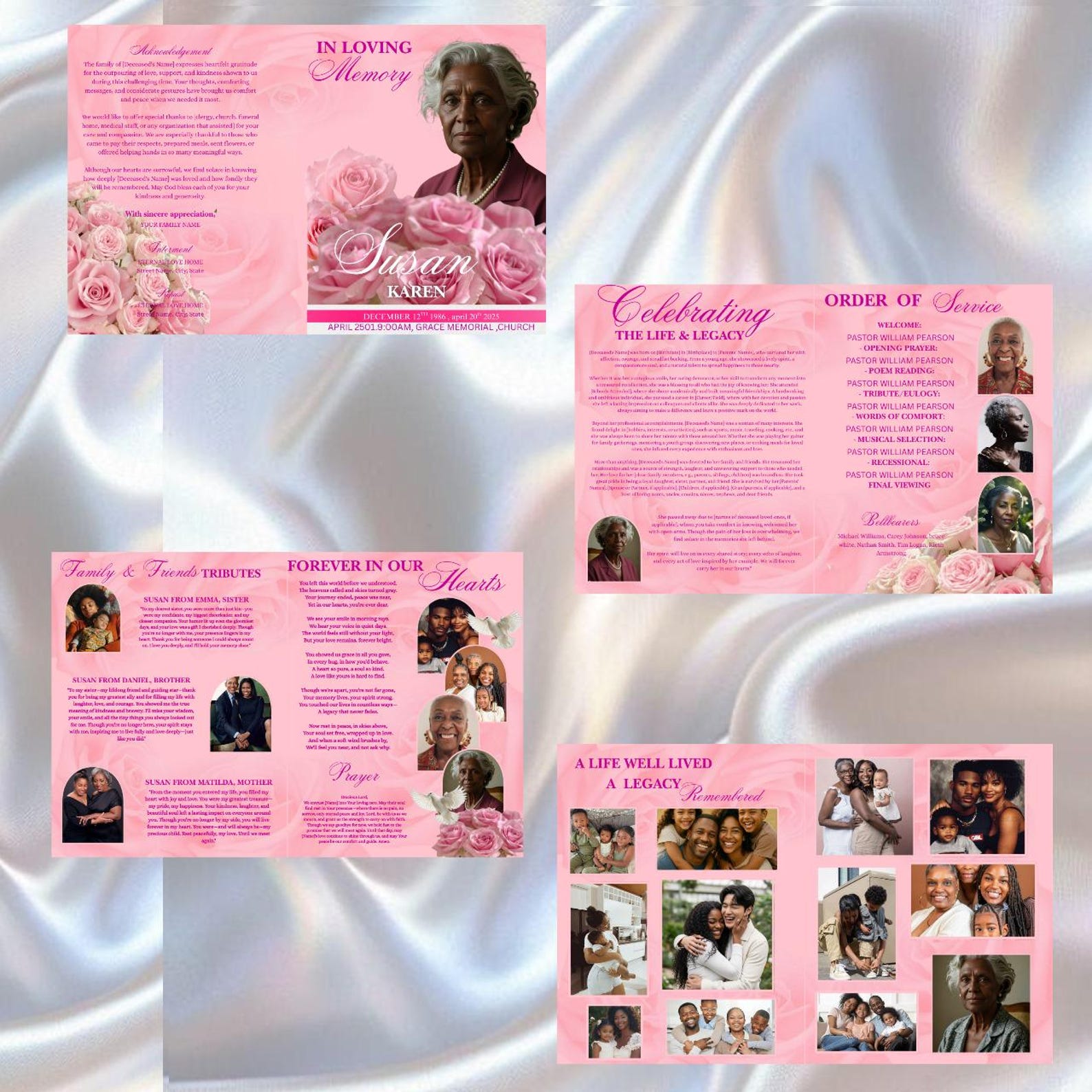 Pink Roses Funeral Program Template, Elegant Gold Obituary (digital ...
