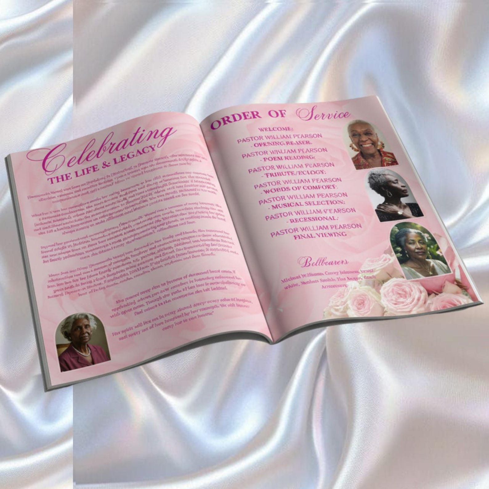Pink Roses Funeral Program Template, Elegant Gold Obituary (digital ...