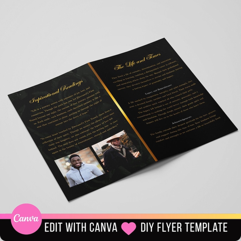 Black and Gold Funeral Program, Obituary Template, Celebration of Life ...