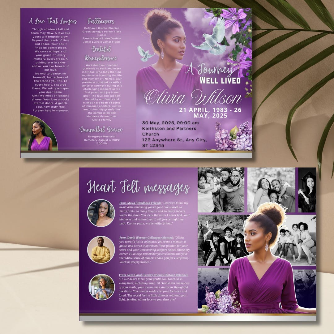 Purple Floral Funeral Program, Memorial Service Booklet (digital ...