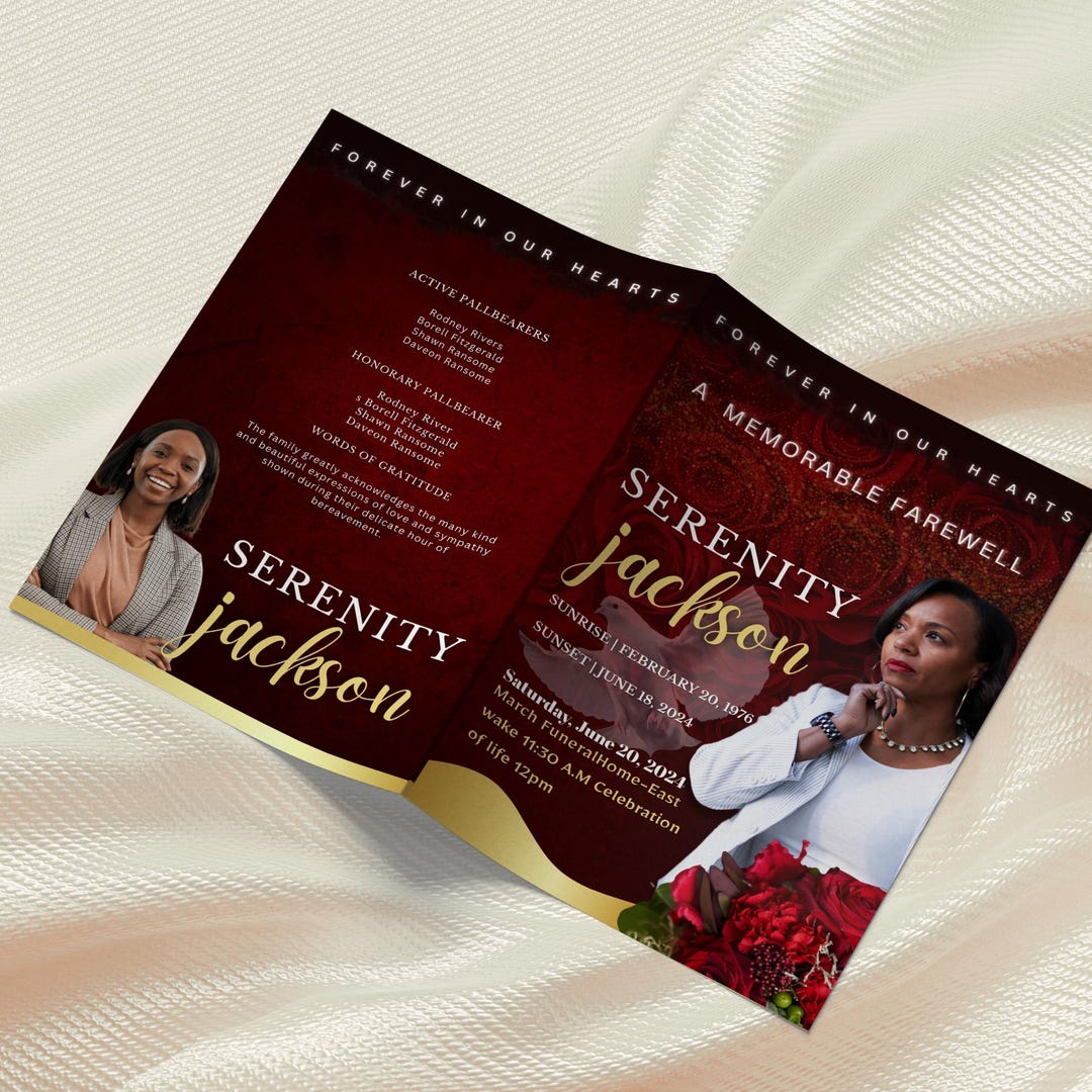 Maroon Funeral Program Template, Gold Rose Obituary, Celebration of ...