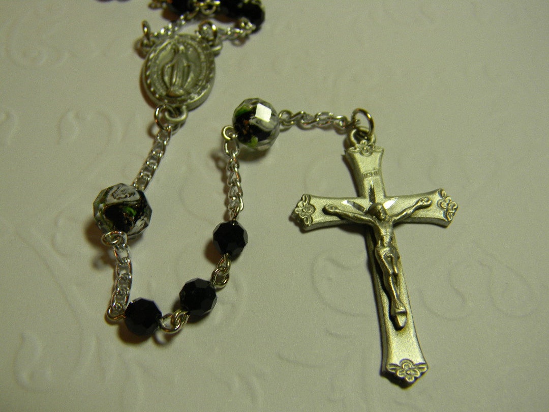 Rosary, Black Crystal, Rose Beads, Women's, Catholic, Glass Roses, Holy ...