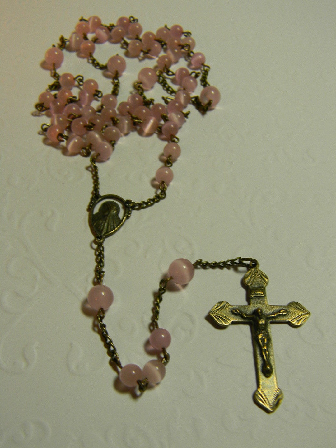 Rosary, Pink Cats Eye, Bronze, Crucifix, Mary Center, Holy Communion ...